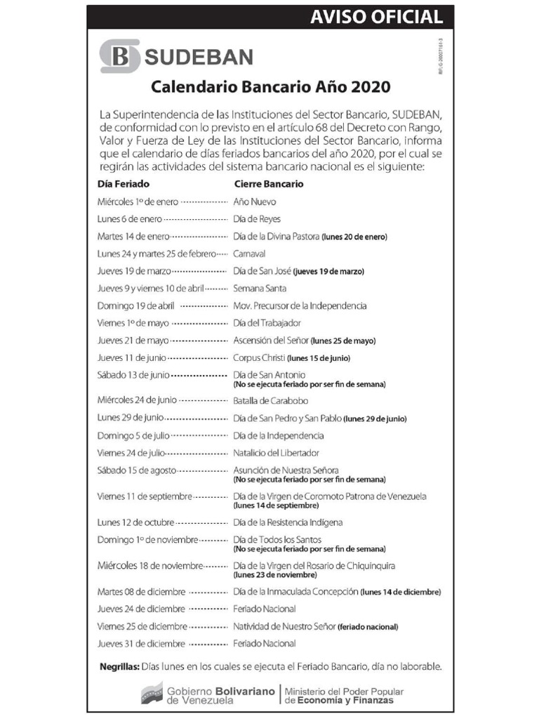 Calendario Bancario 2020 | PDF