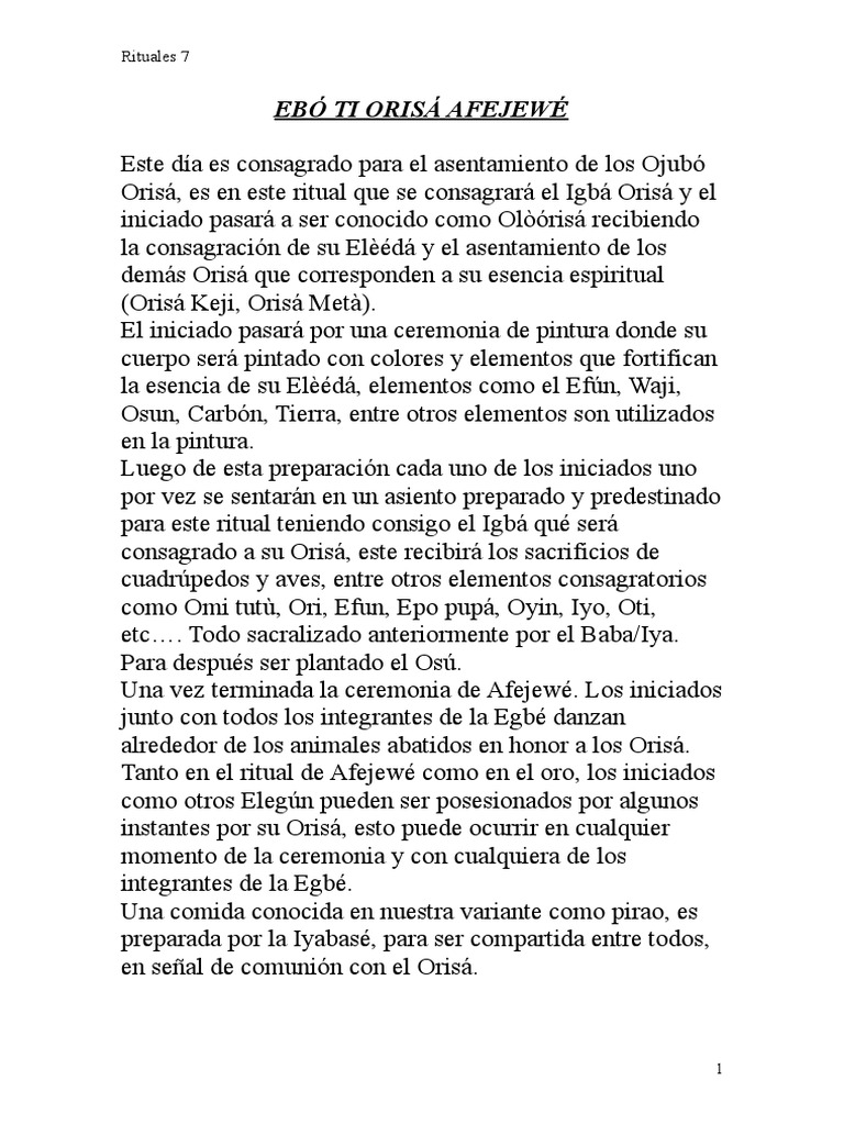 Ebó Ti Orisá Afejewé: Rituales 7 | PDF