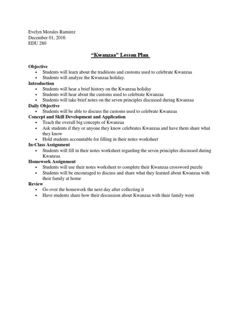 Kwanzaa Lesson Plan Edu 280 | PDF | Homework | Lesson Plan