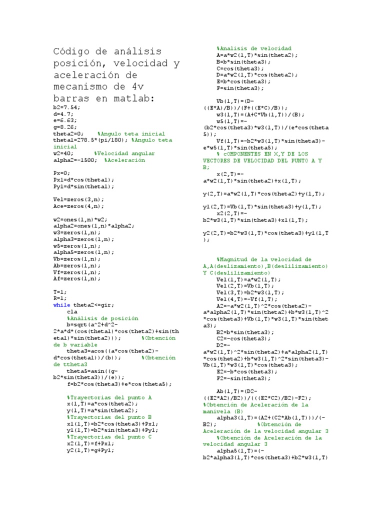 Código Matlab Doble Biela Manivela | PDF | Tarifas | Aceleración