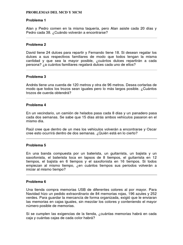 Problemas de MCD y MCM: resolución de problemas matemáticos ...