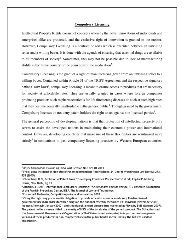 Compulsory Licensing - An Indian Perspective | PDF | Patent | Generic Drug