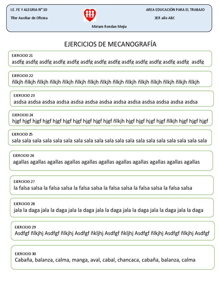 Hojas De Trabajo Para Practicar Mecanografía