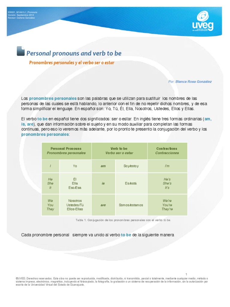 Personal Pronouns and The Verb To Be | PDF | Verbo | Sustantivo