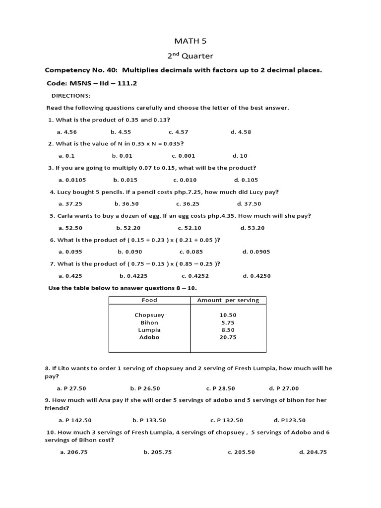 Competency No. 40: Multiplies Decimals With Factors Up To 2 Decimal ...