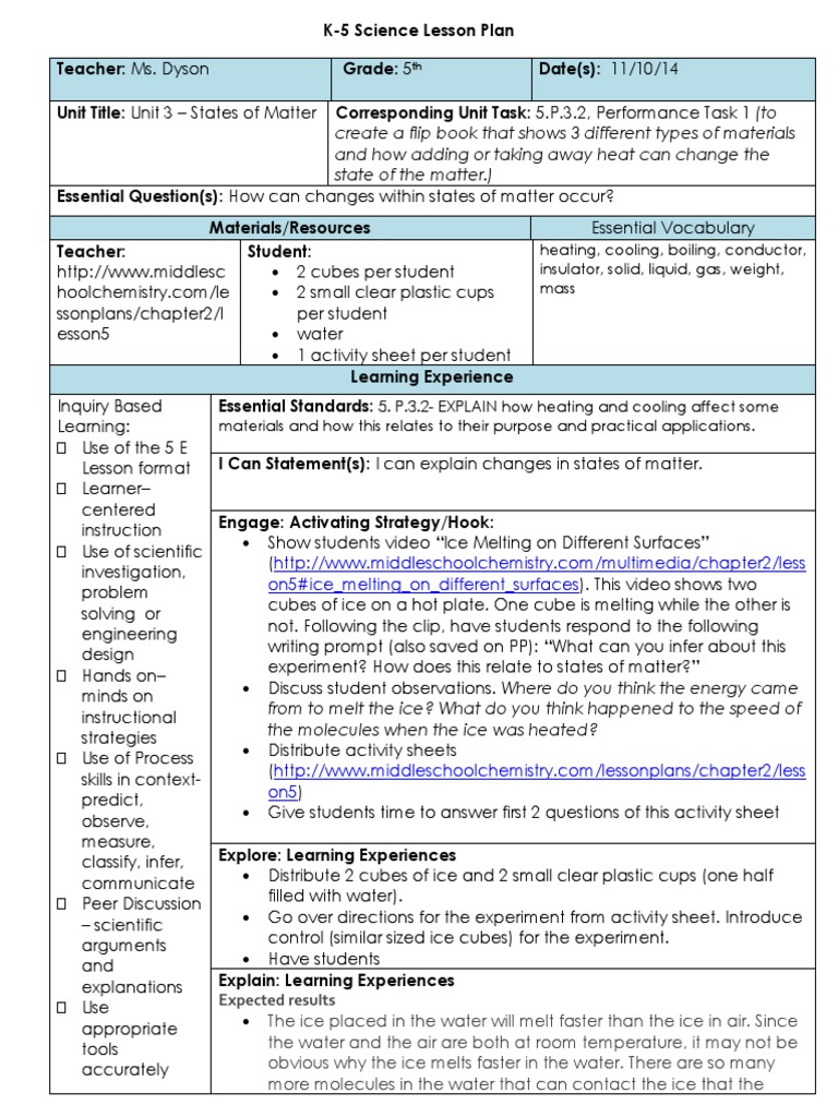 5th Grade States of Matter Lesson Plan | PDF | Ice | Lesson Plan