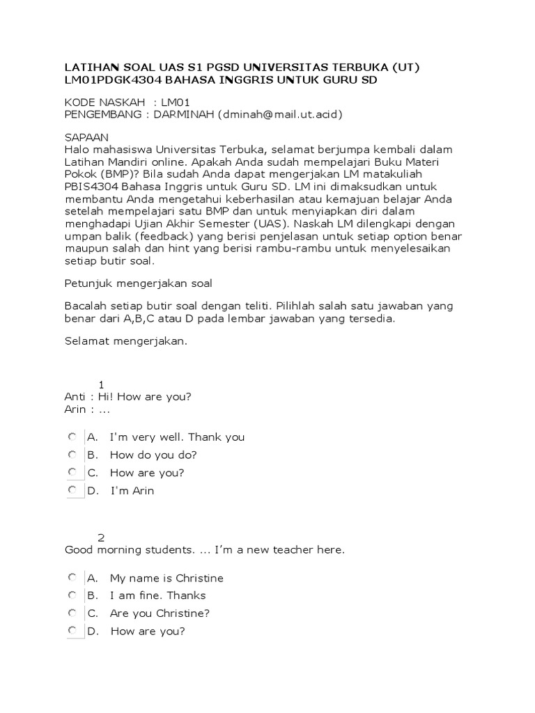 Latihan Soal Uas s1 PGSD Universitas Terbuk1 | PDF | Supermarket | Suit (Clothing)