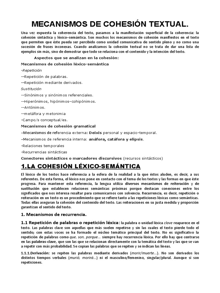 Mecanismos De Cohesión Textual | Palabra | Oración (Lingüística)