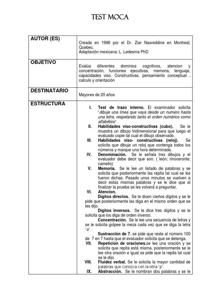 Test MOCA: Evaluación Cognitiva en Adultos | PDF | Memoria | Sicología
