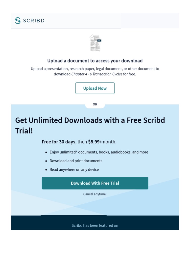 Get Unlimited Downloads With A Free Scribd Trial!: Upload A Document To Access Your Download | PDF