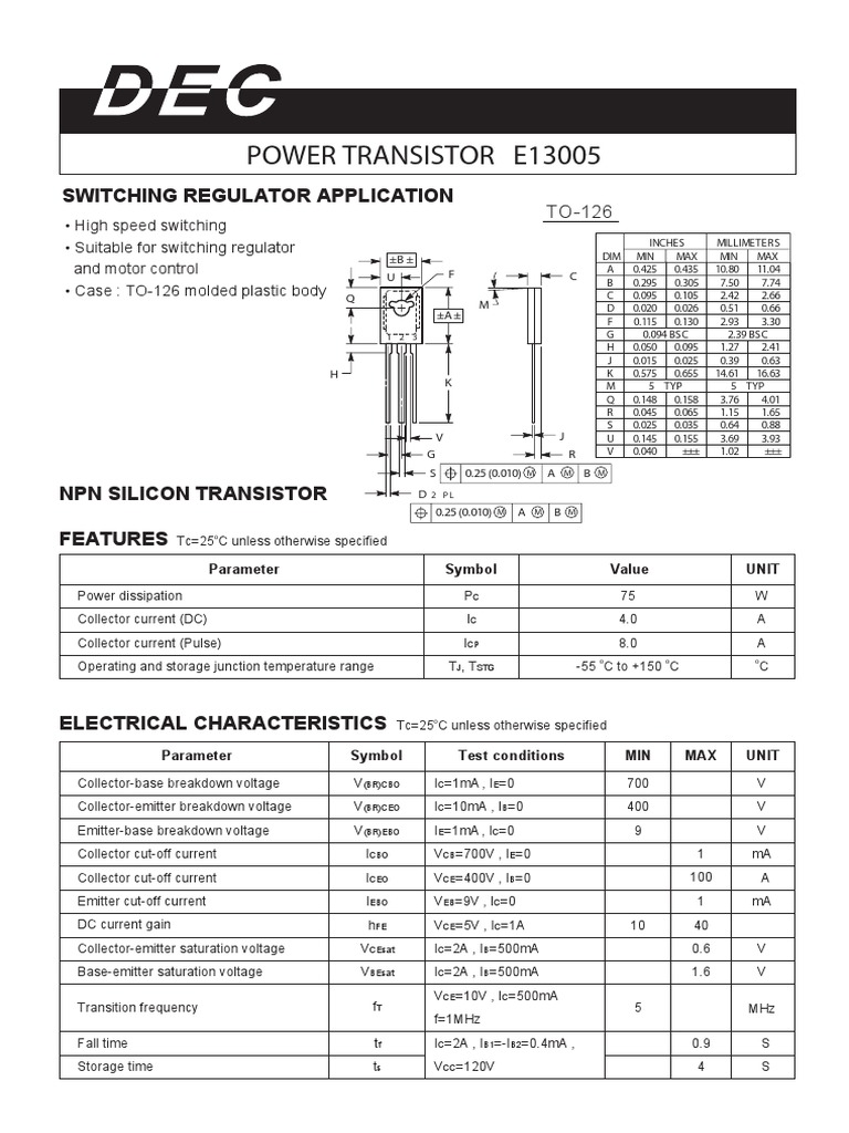 Power Transistor E13005: Switching Regulator Application | PDF ...