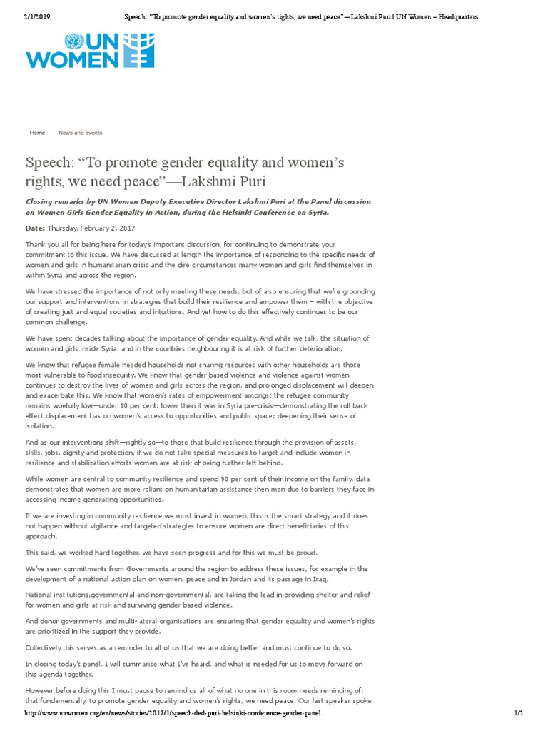 Speech: "To Promote Gender Equality and Women's Rights, We Need Peace ...