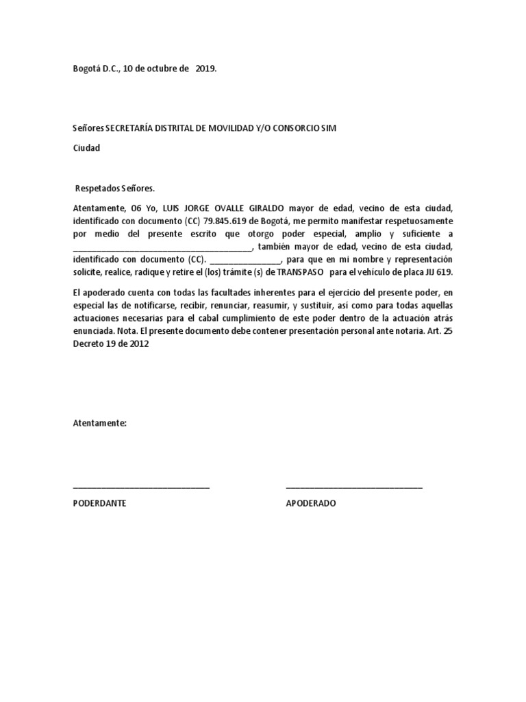 Poder para Traspaso de Vehículo en Bogotá | PDF | Instituciones ...