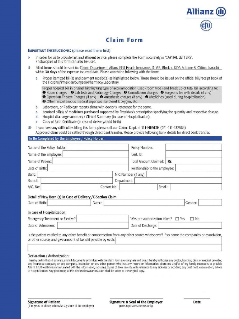 HealthInsurance ClaimForm EFU 20190111 | PDF