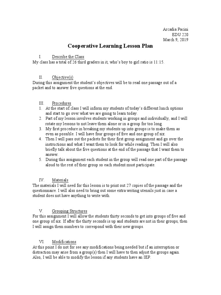 Cooperative Learning Lesson Plan | PDF | Individualized Education ...