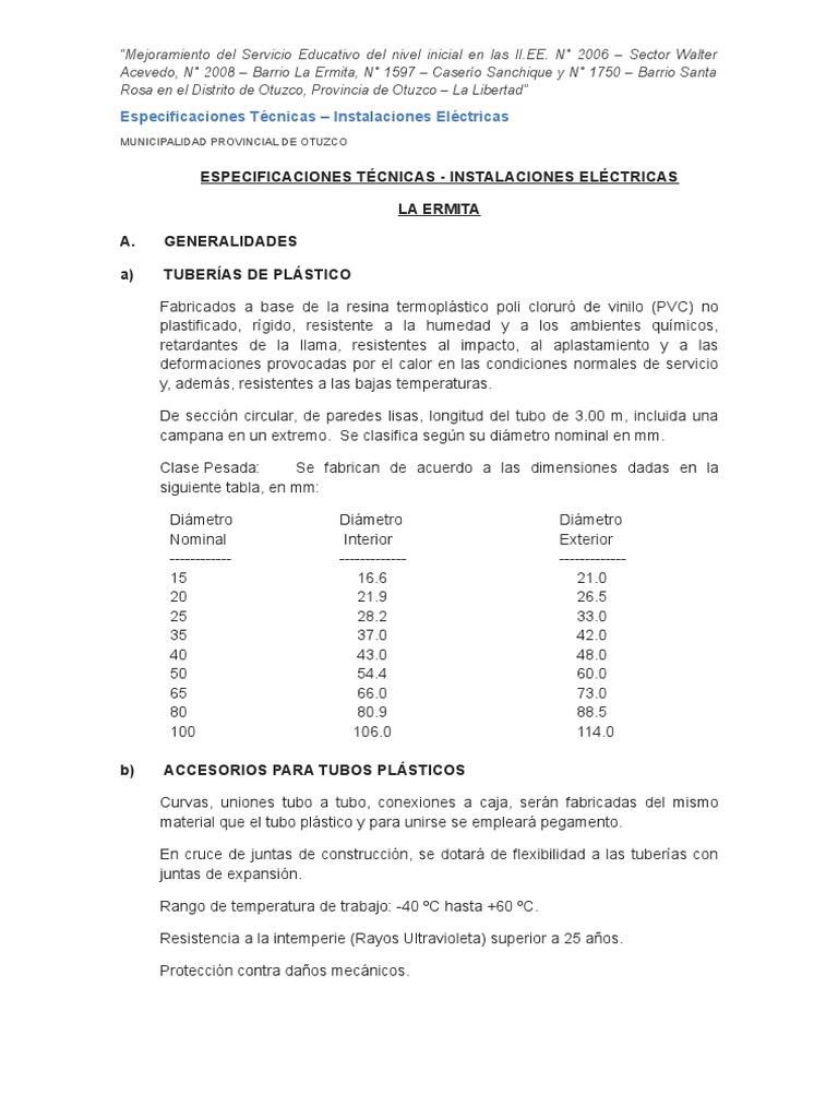 Especificaciones Tecnicas - Instalaciones Electricas | PDF | Materiales | Ingeniería de Edificación