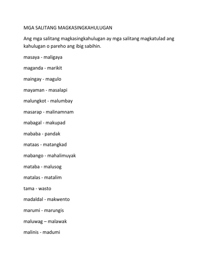 Mga Salitang Magkasingkahulugan | PDF