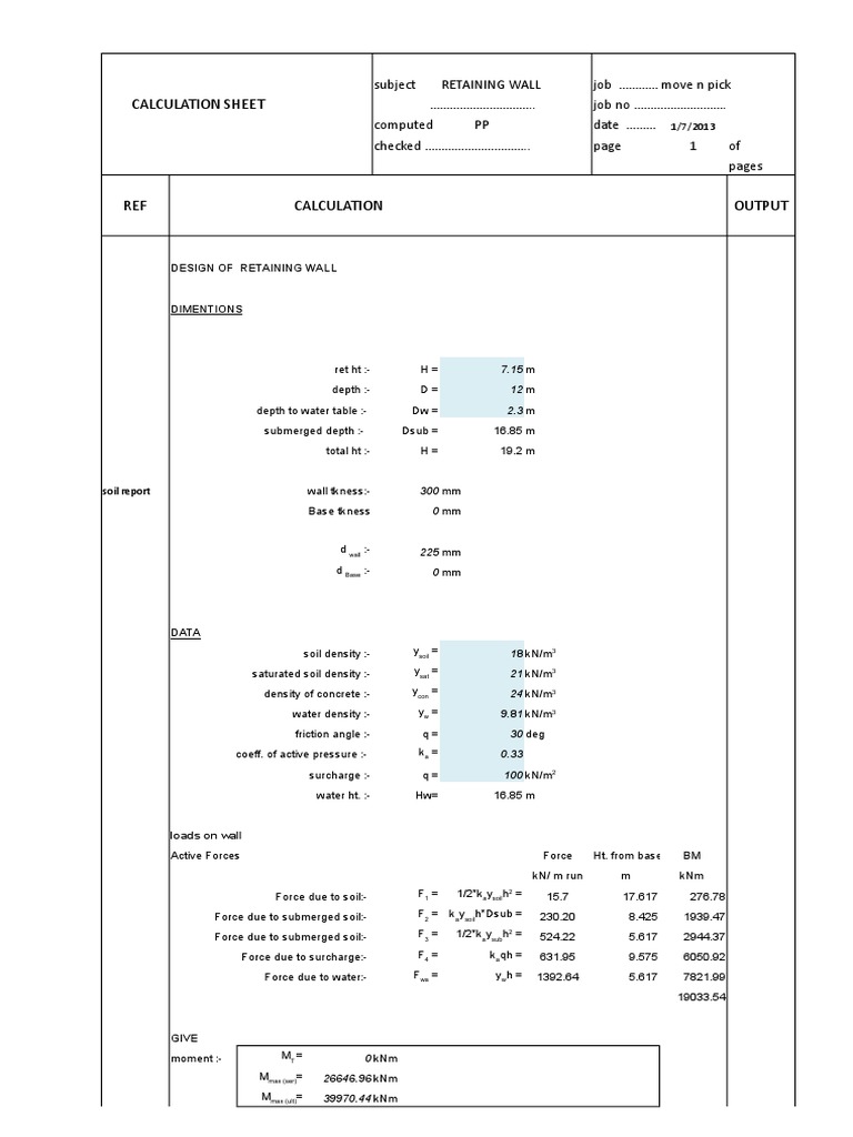Retaining Wall Design Calculation Sheet | PDF | Civil Engineering ...