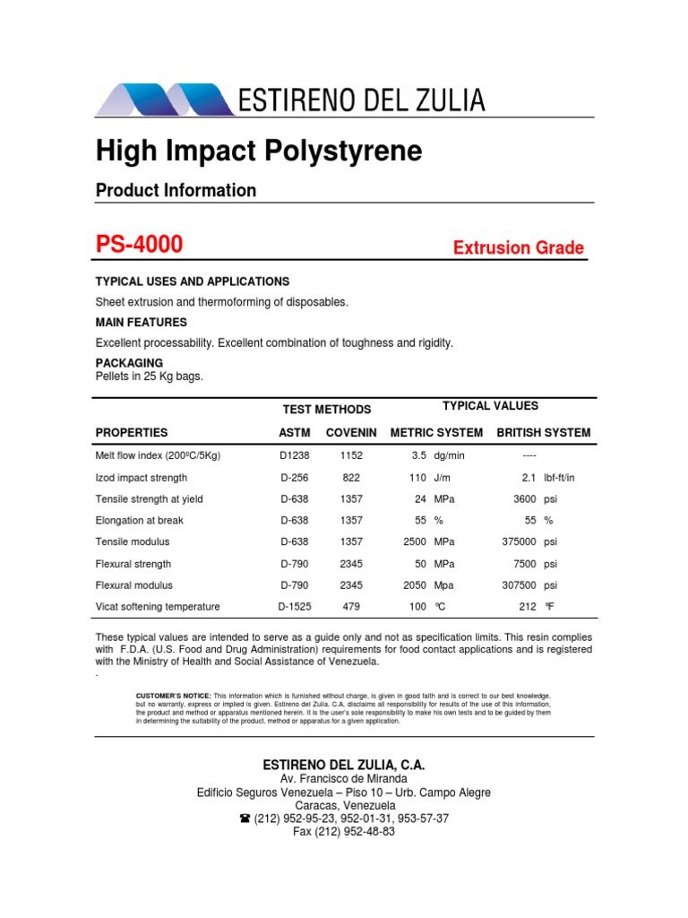 High Impact Polystyrene: Product Information | PDF | Extrusion | Materials