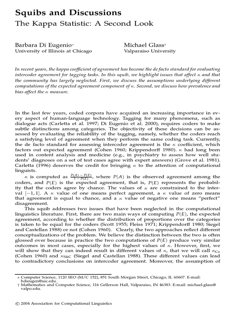 Squibs and Discussions: The Kappa Statistic: A Second Look | PDF | Probability Distribution | Bias