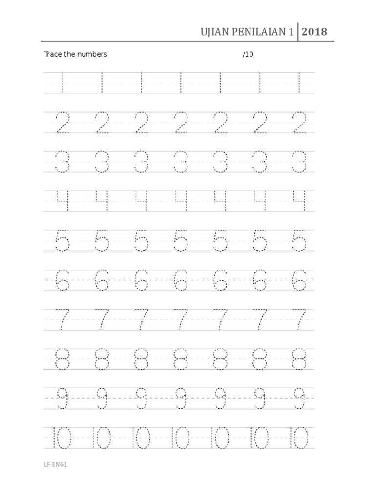 Ujian Penilaian 1 2018: Trace The Numbers /10 | PDF