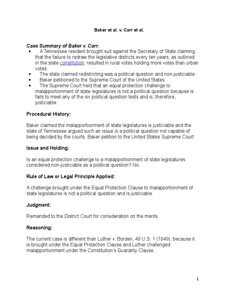 Baker v. Carr Case Summary: Redistricting | PDF | Baker V. Carr | U.S ...