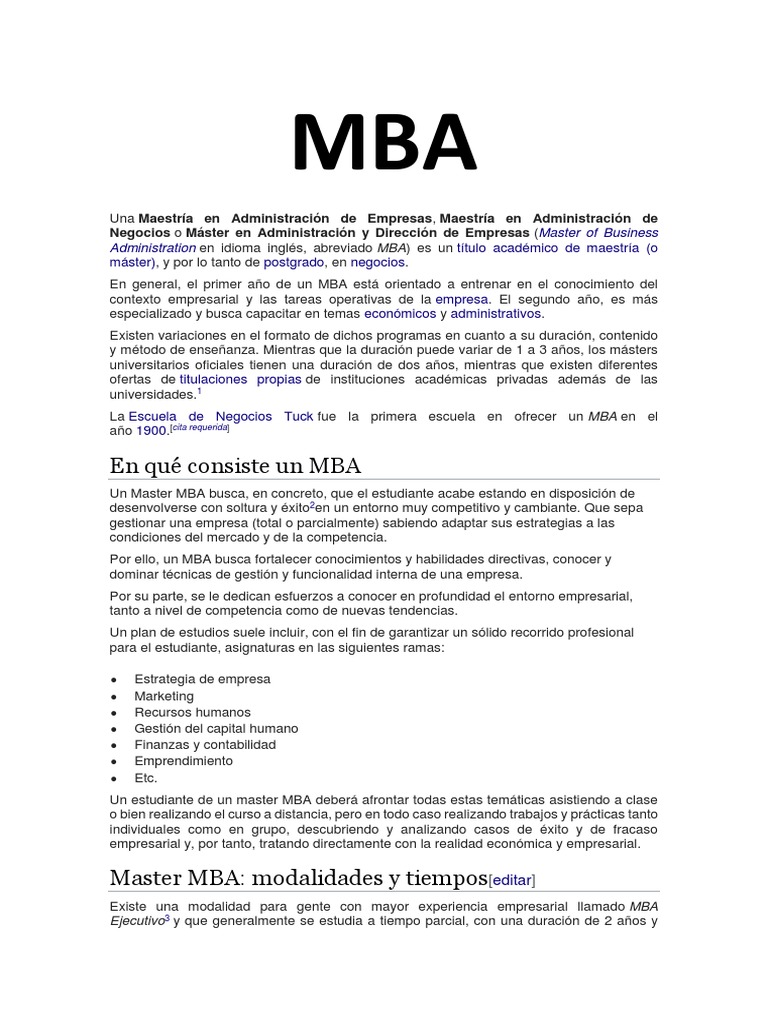 En Qué Consiste Un MBA: Negocios o Máster en Administración y Dirección ...