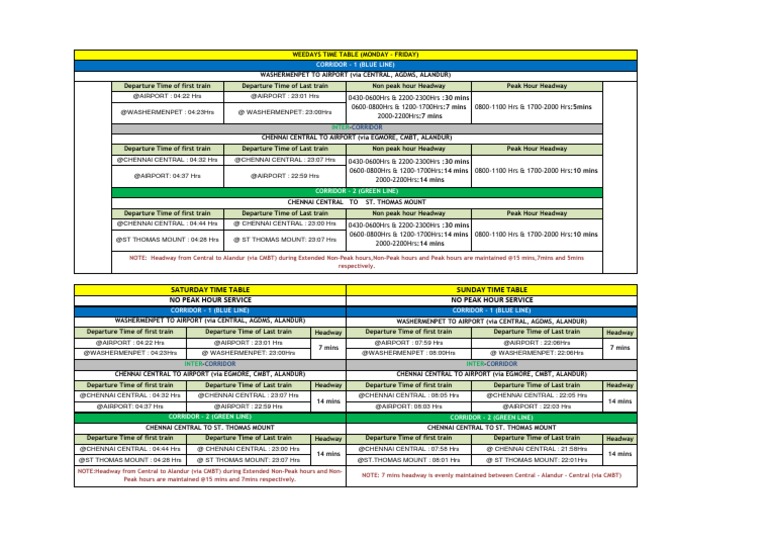 Chennai Metro Rail Timetable: Weekday and Weekend Schedules for Blue ...