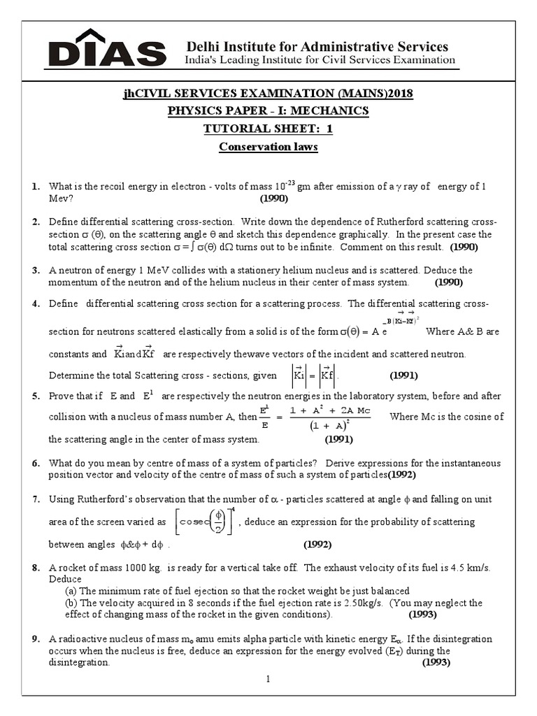 Upsc Physics Optional Tutorial Sheets PDF | PDF | Rotation Around A Fixed Axis | Torque