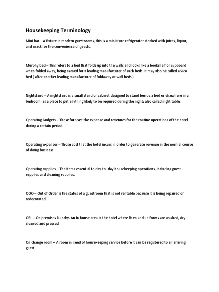 Housekeeping Terminology | PDF | Housekeeping | Hotel