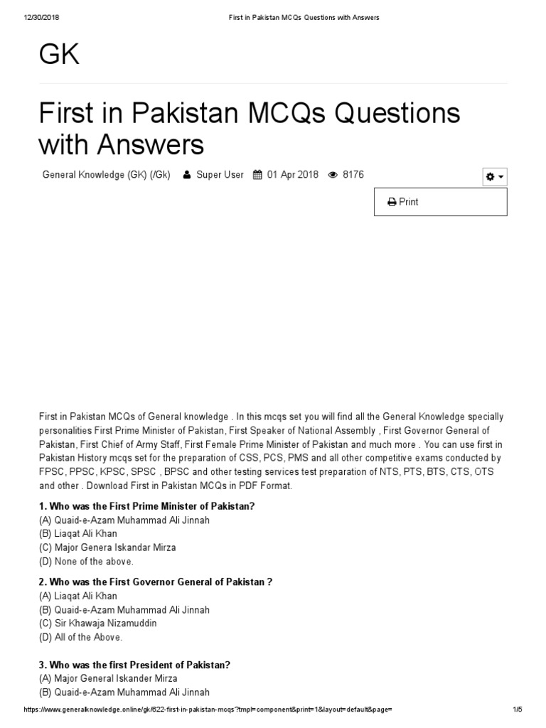 GK First in Pakistan Mcqs Questions With Answers: 1. Who Was The First ...