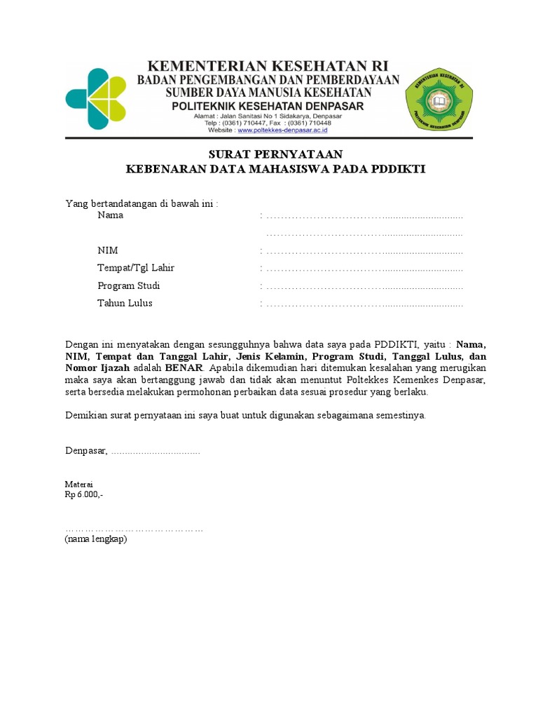 Surat Pernyataan Kebenaran Data Pddikti Edit | PDF
