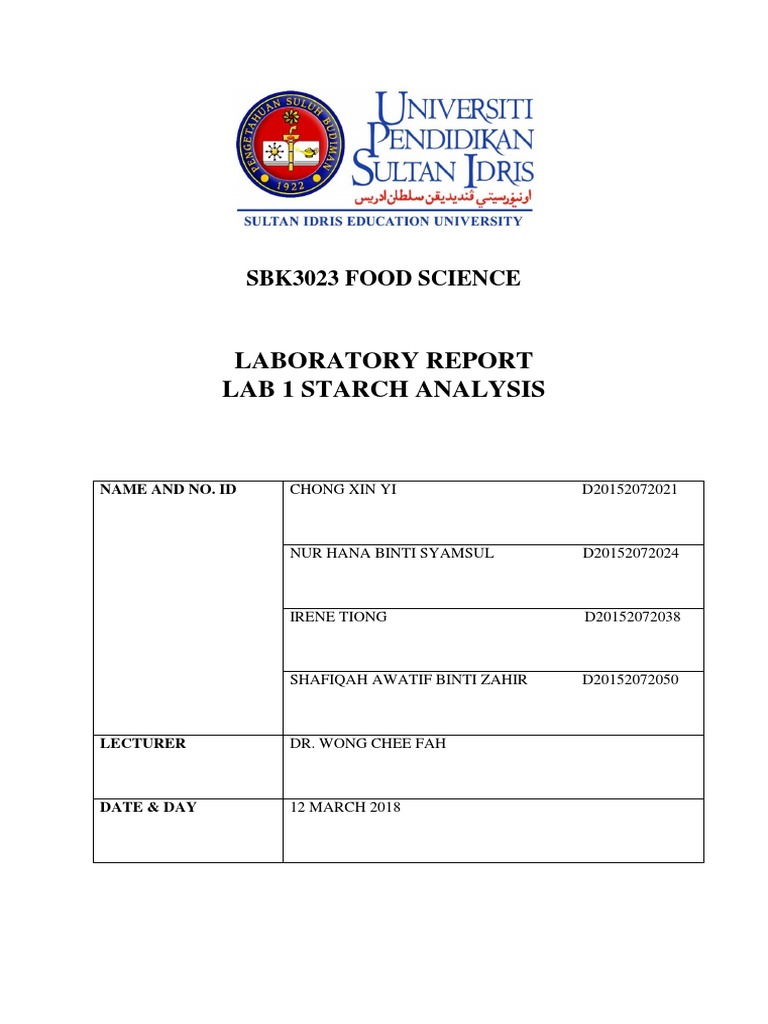 Laboratory Report Lab 1 Starch Analysis: Sbk3023 Food Science ...