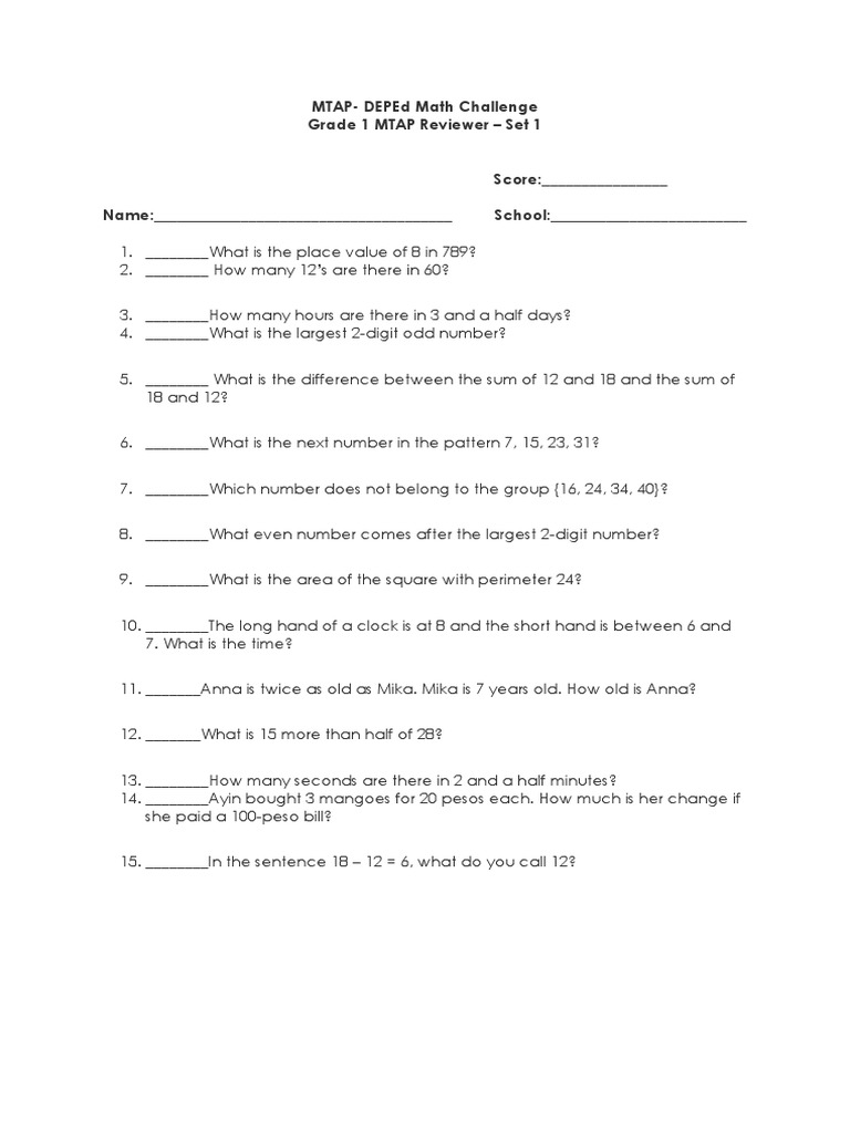 Mtap-Deped Math Challenge Grade 1 Mtap Reviewer - Set 1 | PDF | Cakes ...