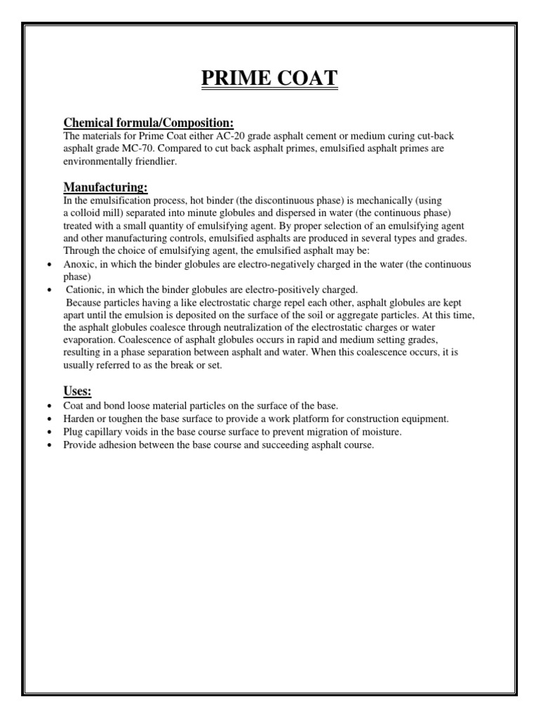Prime Coat: Chemical Formula/composition | PDF