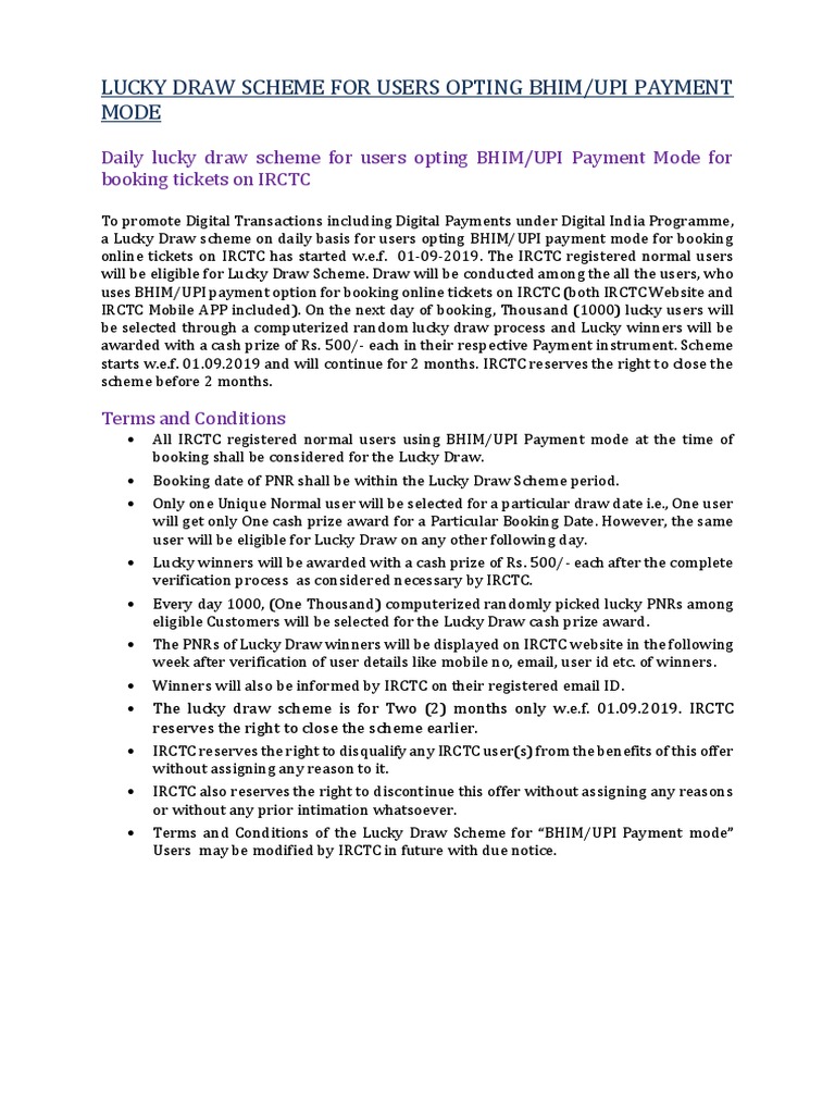 Lucky Draw Scheme For Users Opting BHIM UPI Payment Mode | PDF ...