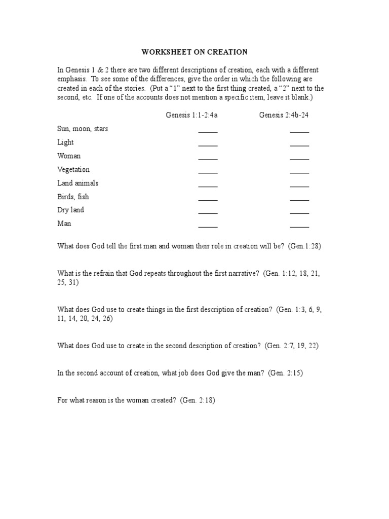 Creation Worksheet | PDF | Genesis Creation Narrative | Religious ...