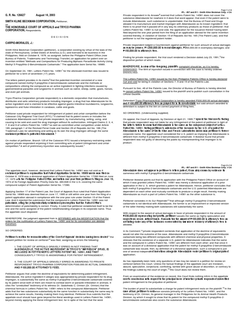 Smith Kline Beckman Corp. V CA | PDF | Patent Application | Doctrine Of ...