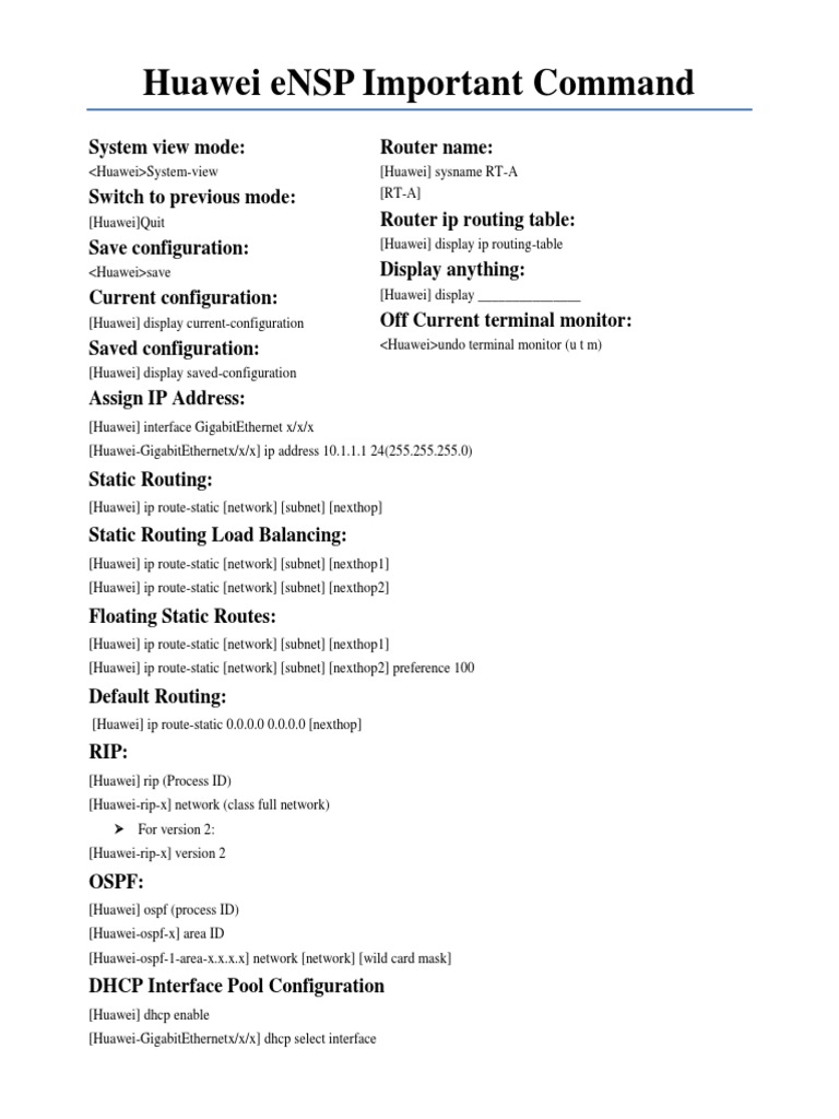 Huawei ENSP Important Command | PDF | Ip Address | Computer Network