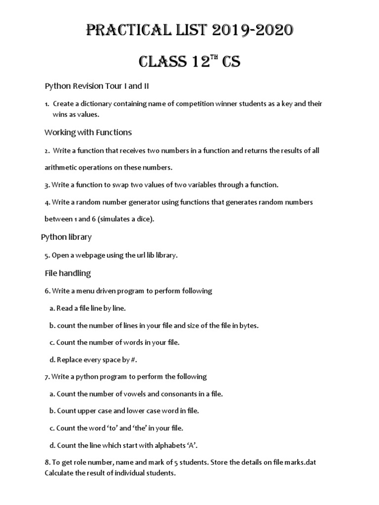 Computer Science Practical List Pdf Subroutine Python Programming Language