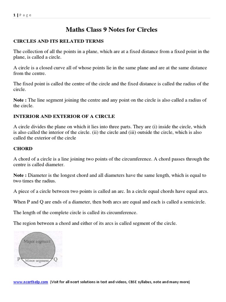 Maths Class 9 Notes For Circles | PDF | Circle | Elementary Geometry