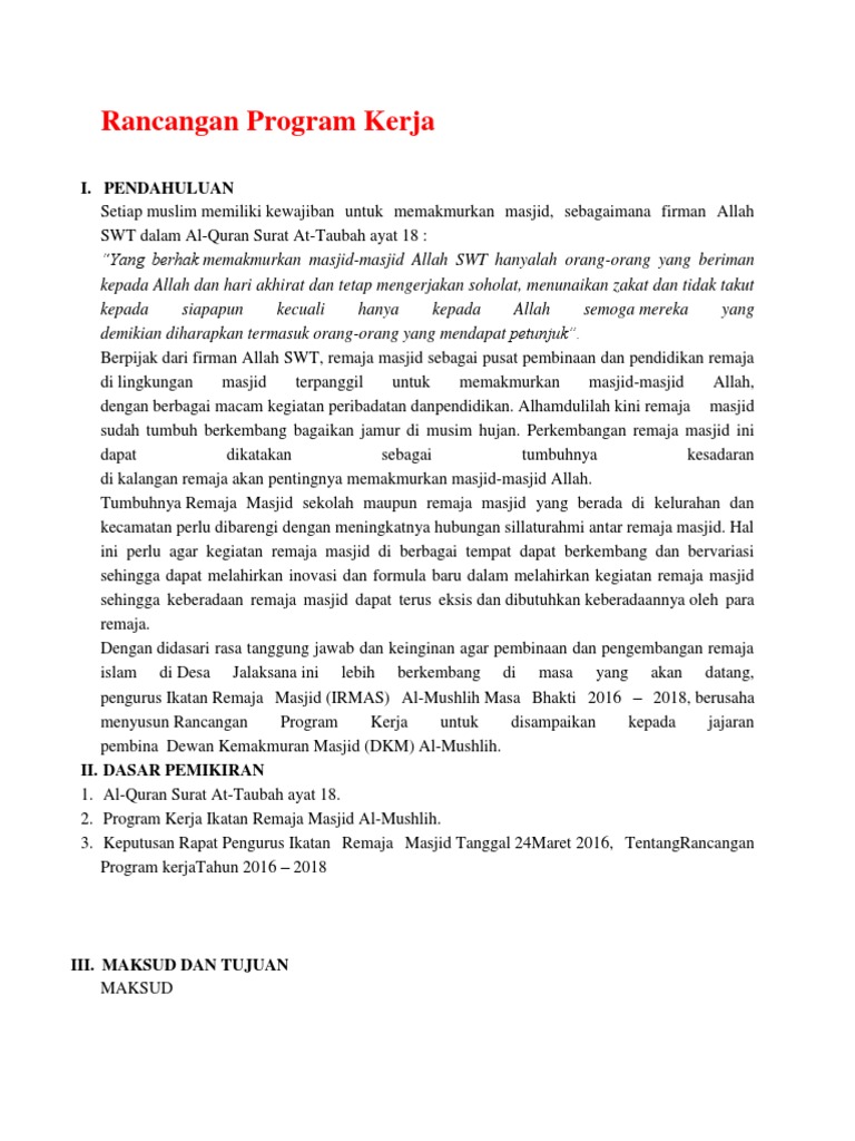 RANCANGAN PROGRAM KERJA IKATAN REMAJA MASJID | PDF