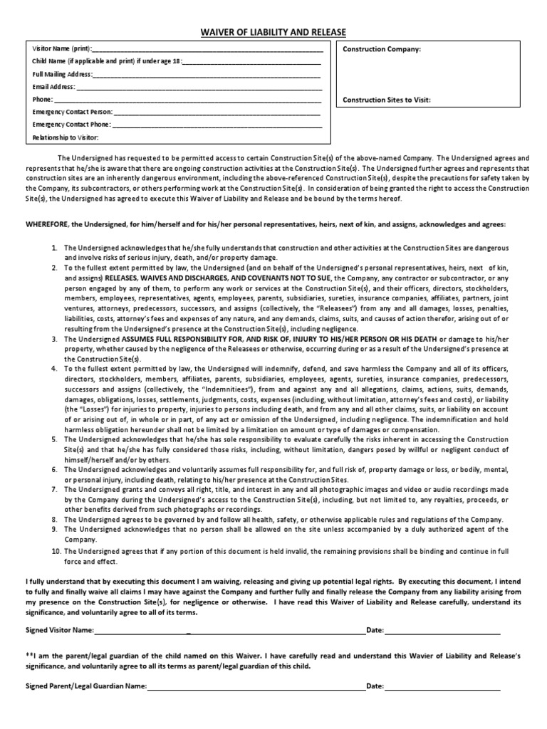 Construction Site Access Liability Waiver Form | PDF | Indemnity ...