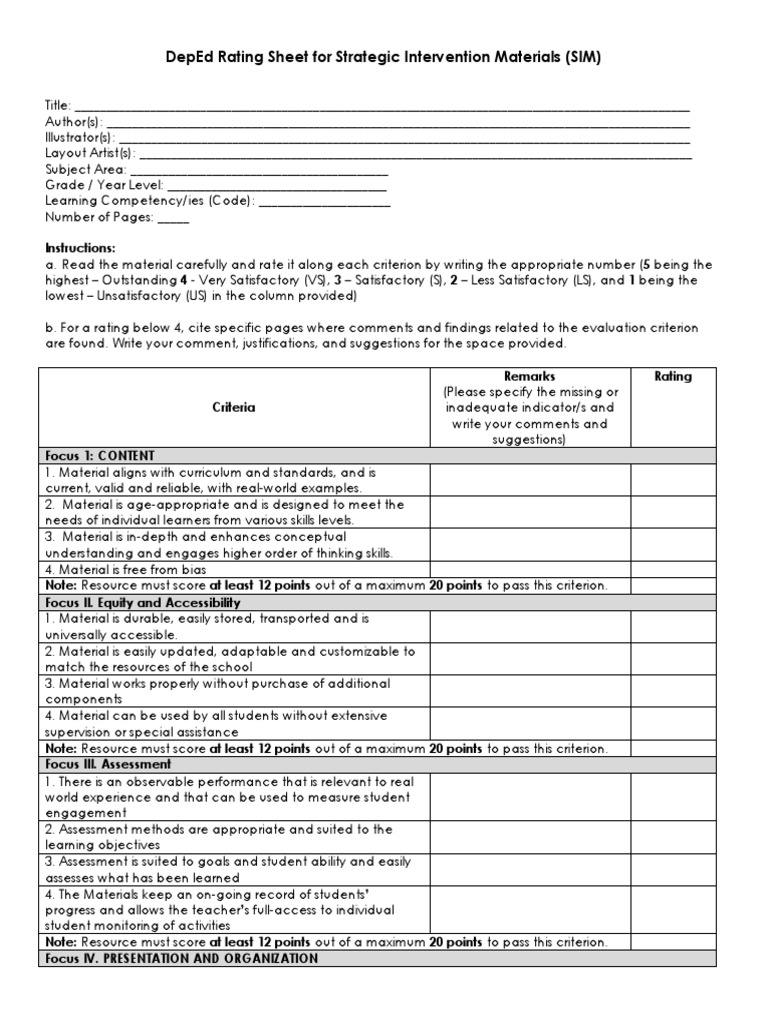 Rating Sheet For SIM | Download Free PDF | Educational Assessment ...