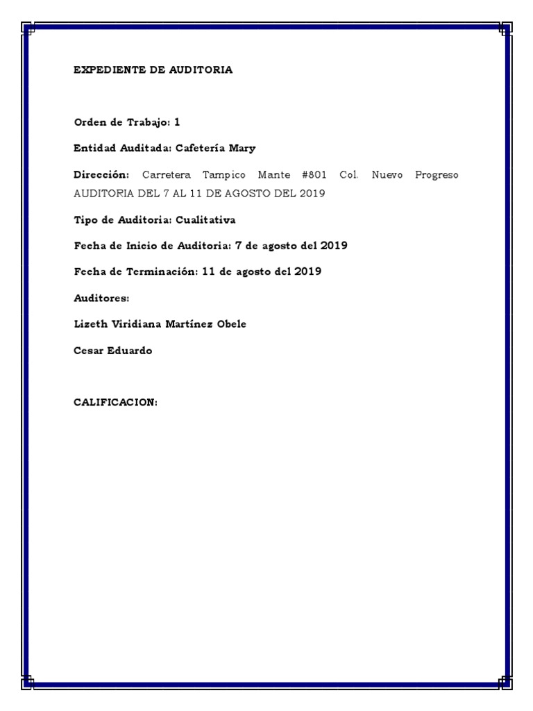 Proceso de Auditoria Cafeteria Mary (14280) | PDF | Auditoría | Calidad ...