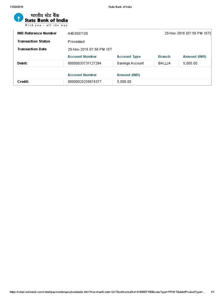 INB Reference Number IHB3507100 20 Nov 2016 (07:56 PM IST) Transaction ...