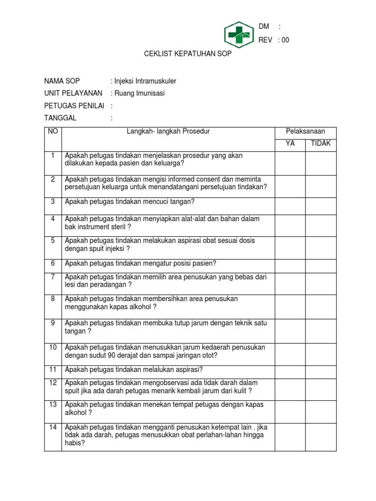 Ceklist Kepatuhan Sop Im | PDF