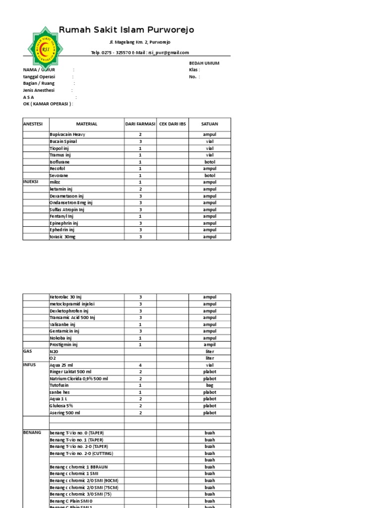 Form Obat Dan BHP Pasien Operasi 2019 | PDF