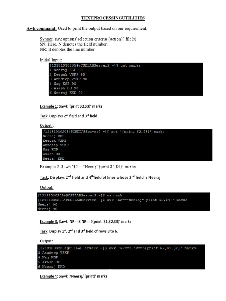 Textprocessingutilities Awk Command: Used To Print The Output Based On Our Requirement | PDF ...