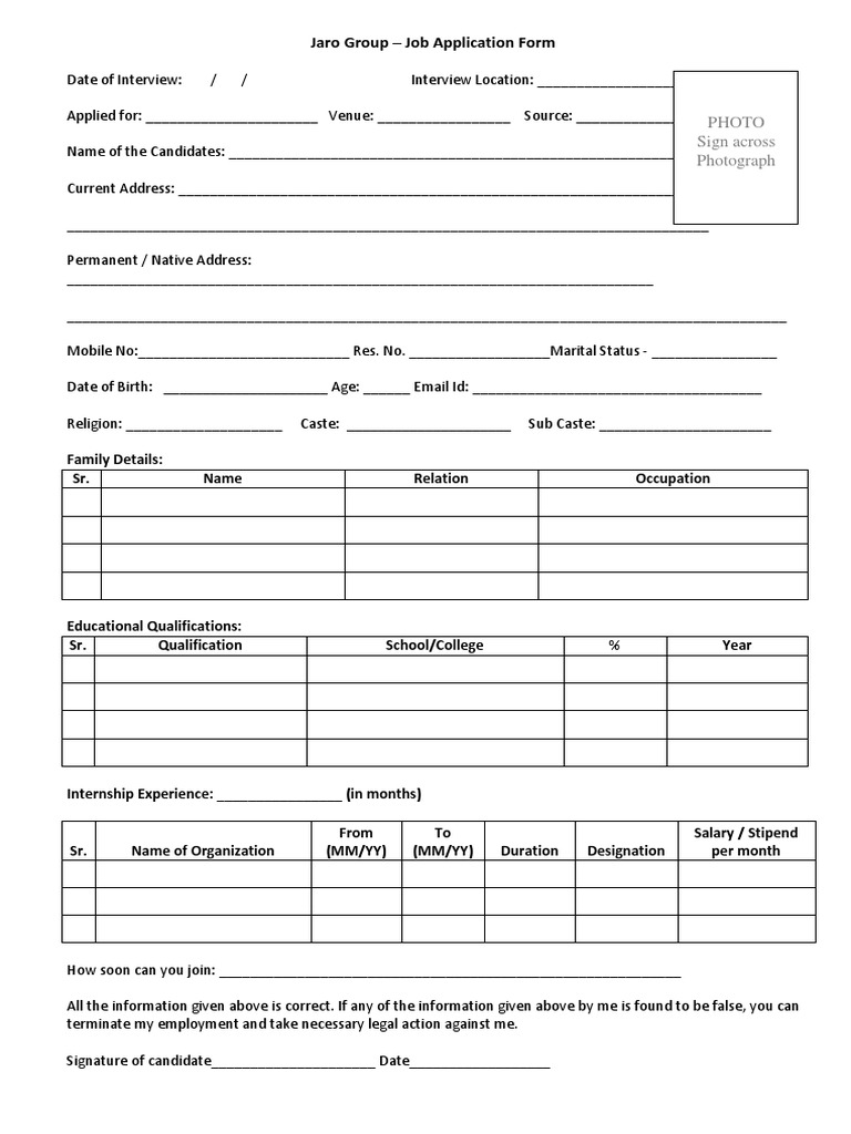 Jaro Group - Job Application Form: Photo Sign Across Photograph | PDF ...